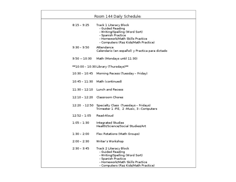 Room 144 Daily Class Schedule | PDF | Language Arts & Discipline ...