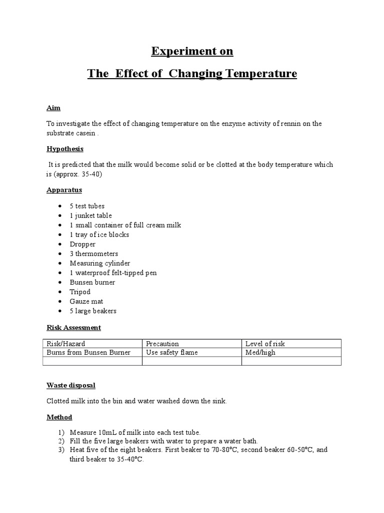 Effect Temperature Enzyme Activity Rennin Casein Pdf Experiment Temperature
