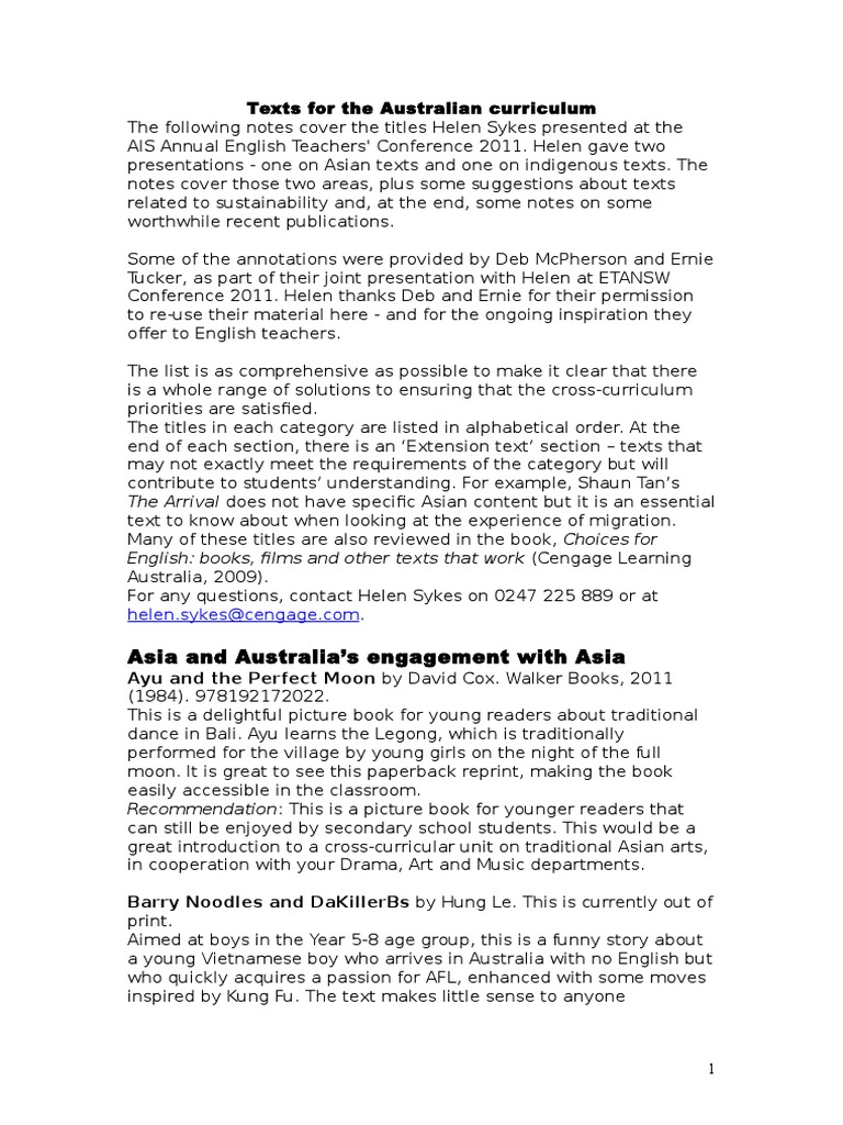 Suggested Texts For Australian Curriculum - Helen Sykes | PDF