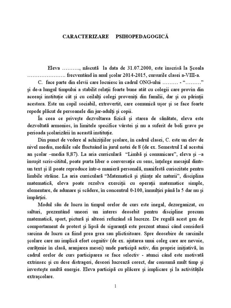 Caracterizare Psihopedagogică | PDF