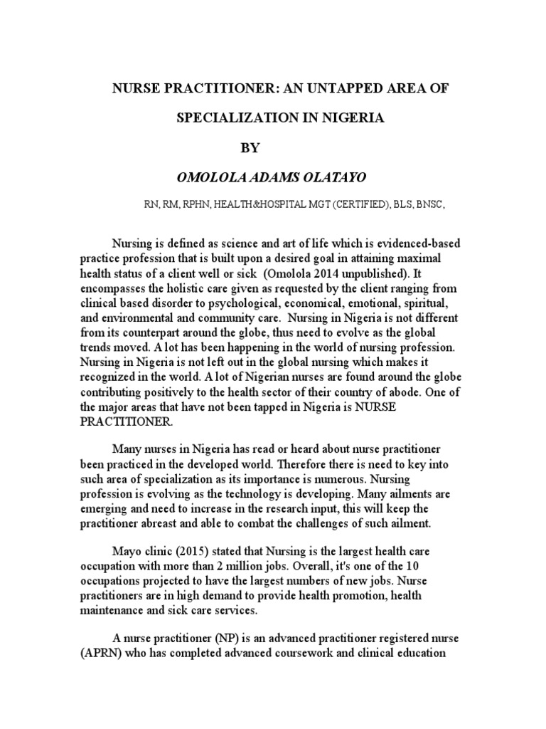 Nurse Practitioner: An Untapped Area of Specialization in Nigeria | PDF ...