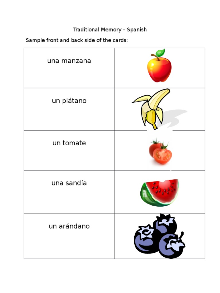 Spanish Vocabulary Memory Cards | PDF