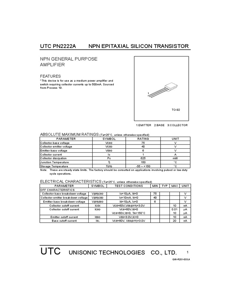 UTC PN2222A NPN Epitaxial Silicon Transistor: NPN General Purpose ...
