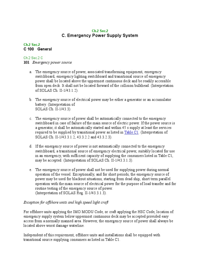 SOLAS Emergency Power Requirements CH 2 Sec 2 | PDF | Electric Power ...