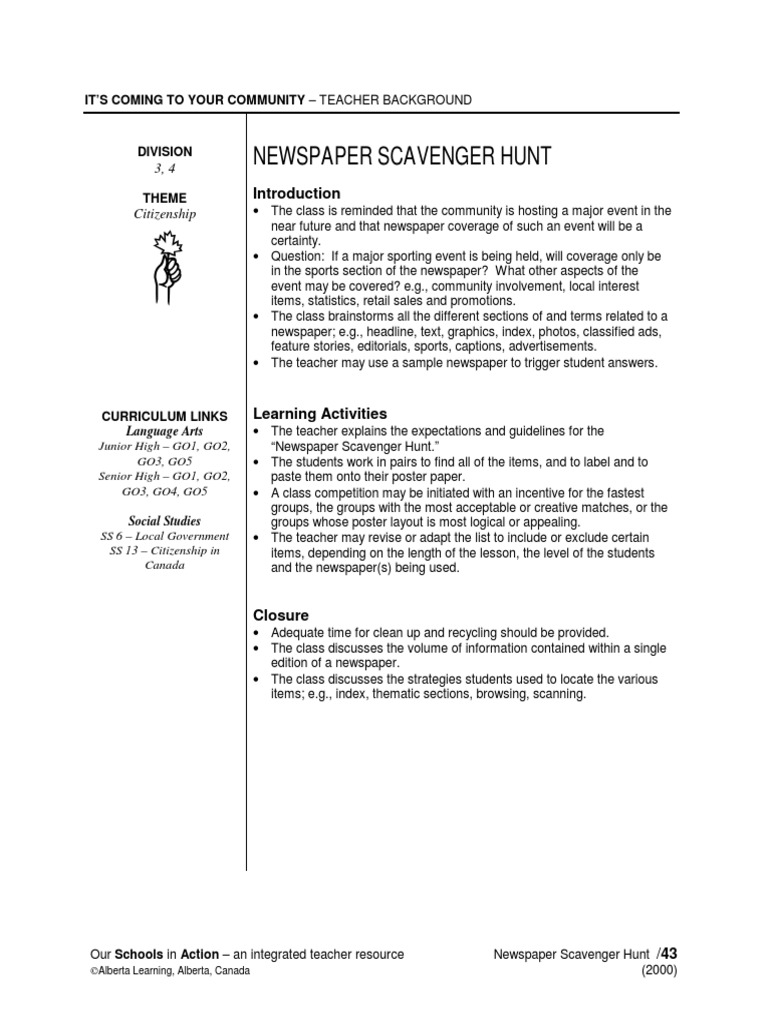 Newspaper Scavenger Hunt: It'S Coming To Your Community - Teacher ...