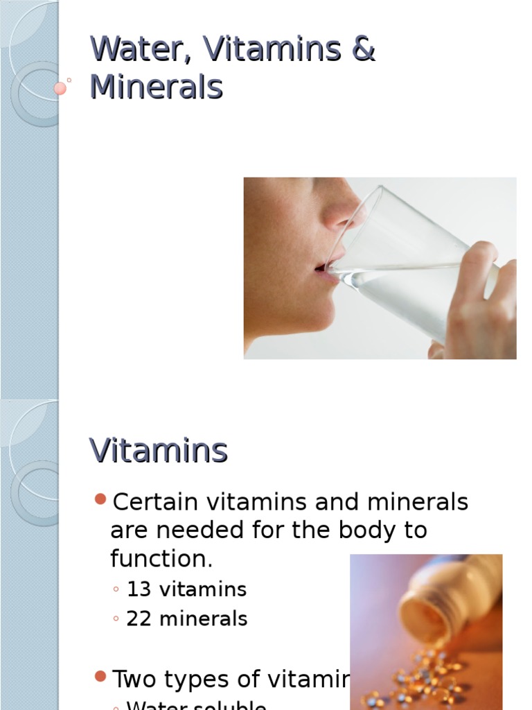 Water, Vitamins & Minerals | PDF | Vitamin A | Folic Acid