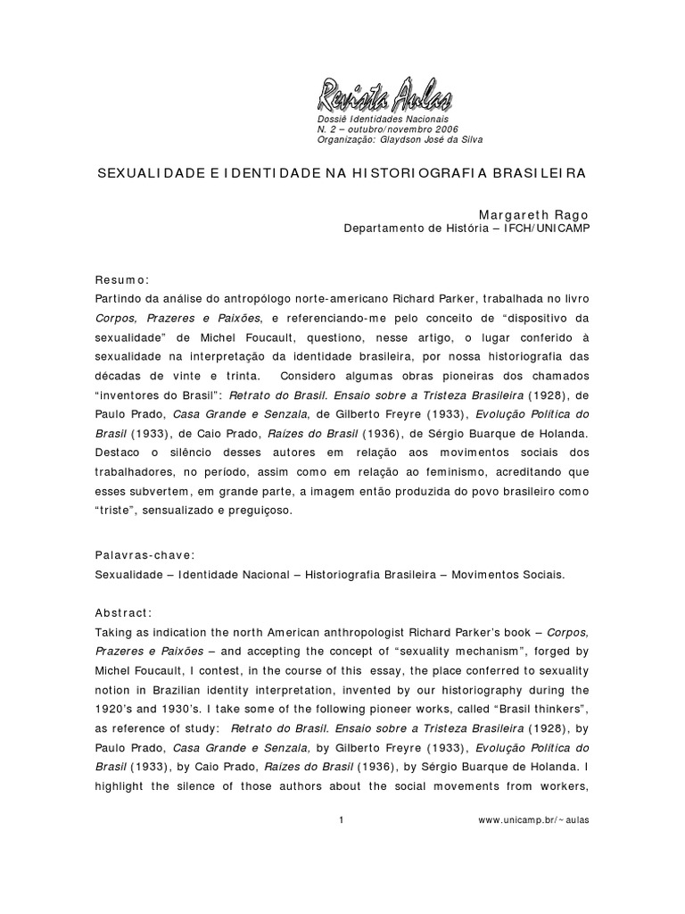 Sexualidade Indentidade Historiografia Brasileira Rago | PDF | Brasil | Brasileiros