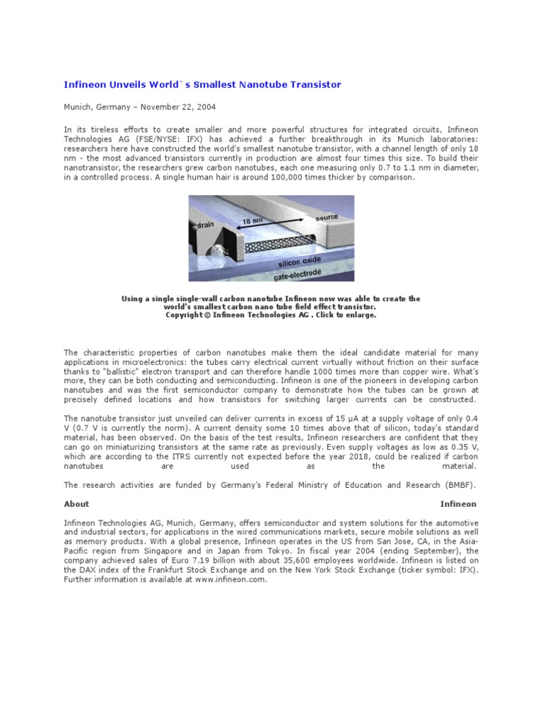 Infineon Unveils World's Smallest Nanotube Transistor | PDF | Carbon ...