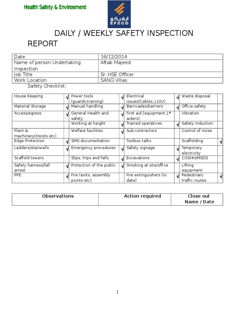 9 Safety Inspection Report (Daily and Weekly) 16-12-14 | PDF | Personal ...