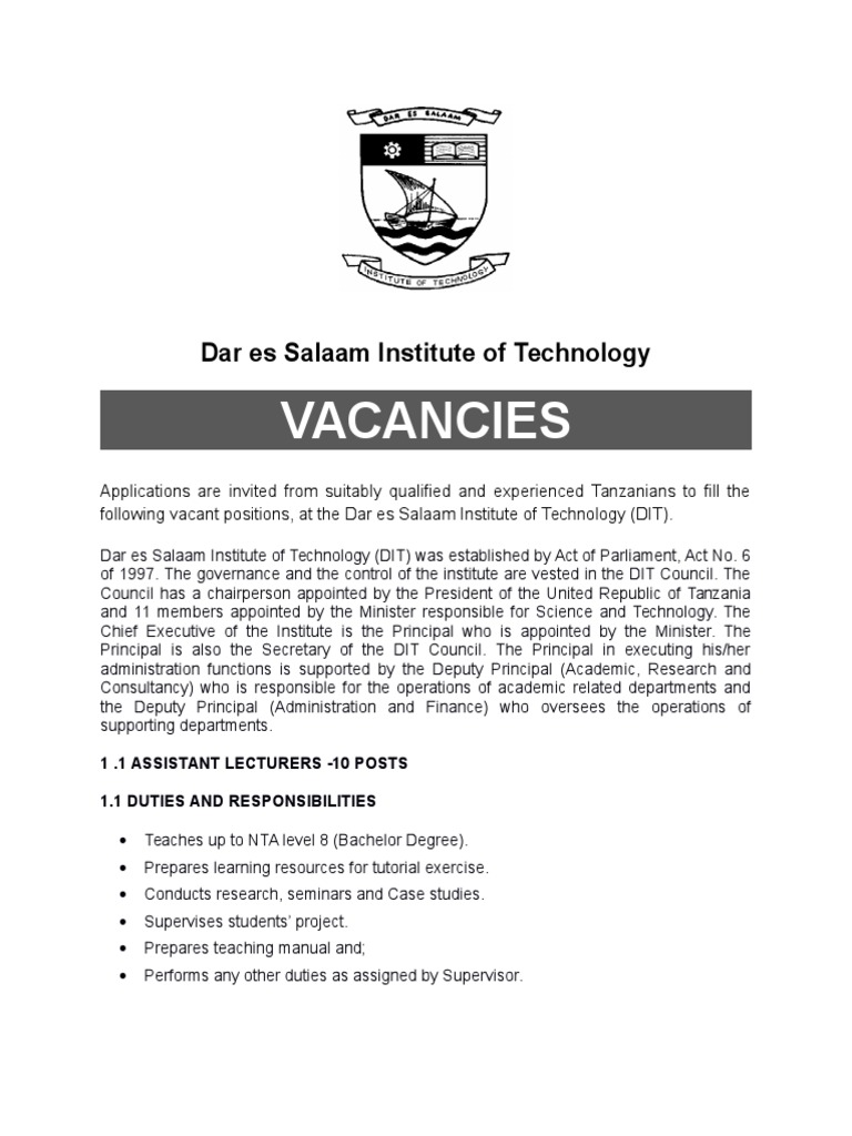 DIT Job Vacancies Announcement | PDF | Bachelor Of Science | Diploma