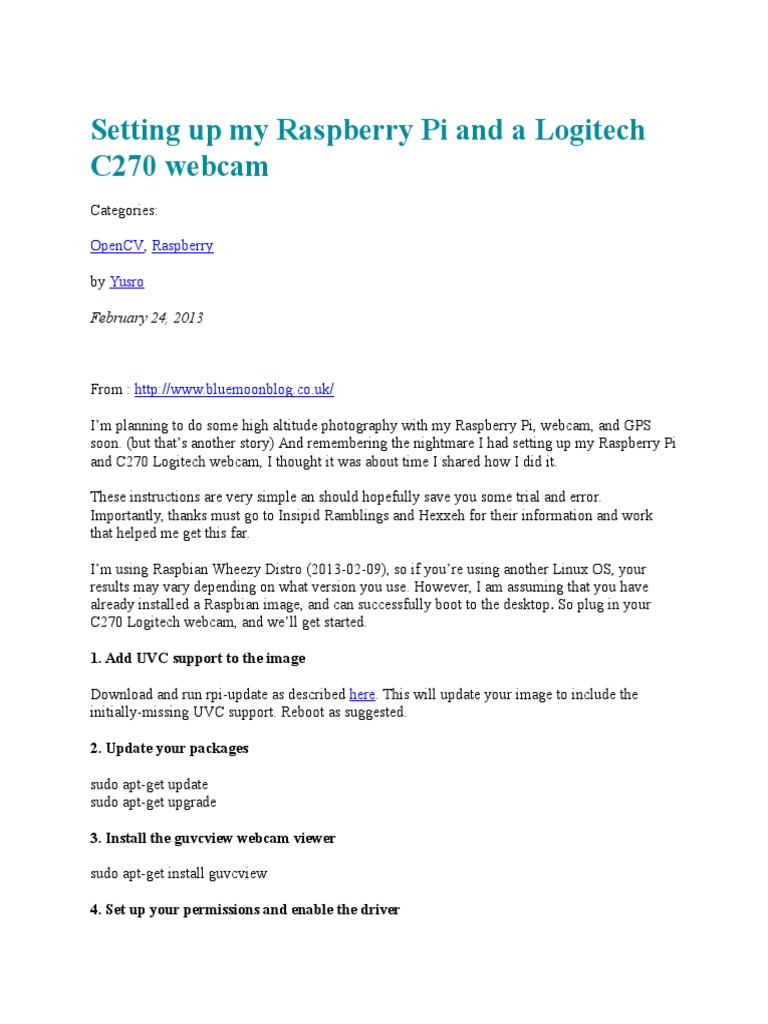 Setting Up My Raspberry Pi and A Logitech C270 Webcam | PDF | Video ...