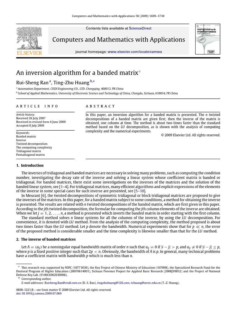 An Inversion Algorithm For A Banded Matrix Pdf Matrix Mathematics System Of Linear Equations