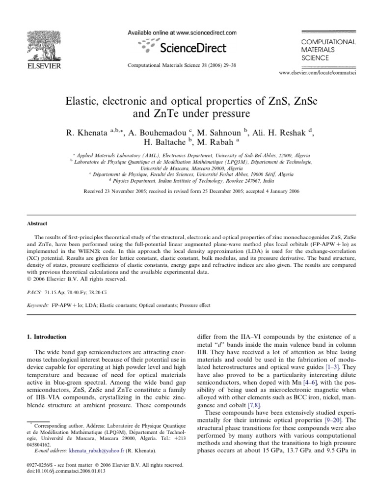 Elastic, Electronic and Optical Properties of ZNS, ZnSe and ZnTe Under Pressure | PDF ...