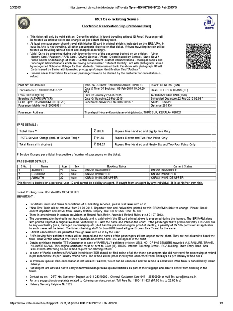 Indian RailWay E Ticket Example | PDF | Identity Document | Ticket ...