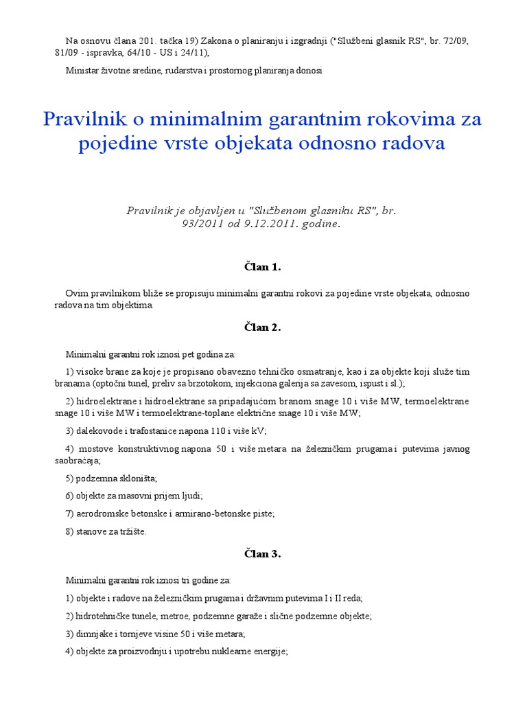 Pravilnik o Minimalnim Garantnim Rokovima Za Pojedine Vrste Objekata ...