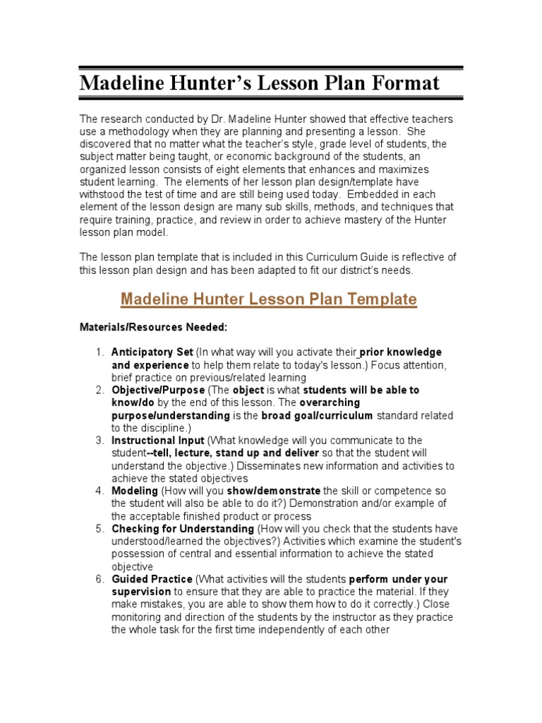 Madeline Hunter Lesson Plan Template | PDF | Lesson Plan | Teachers