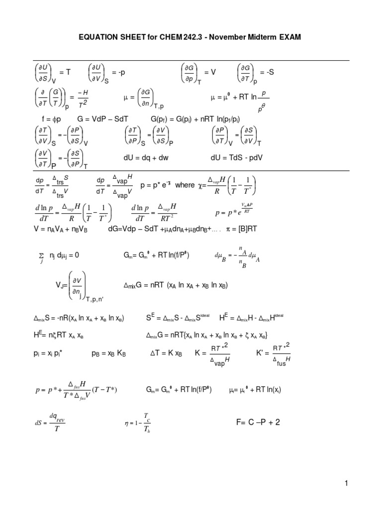 Chem 242.3 Midterm Equation Sheet | PDF