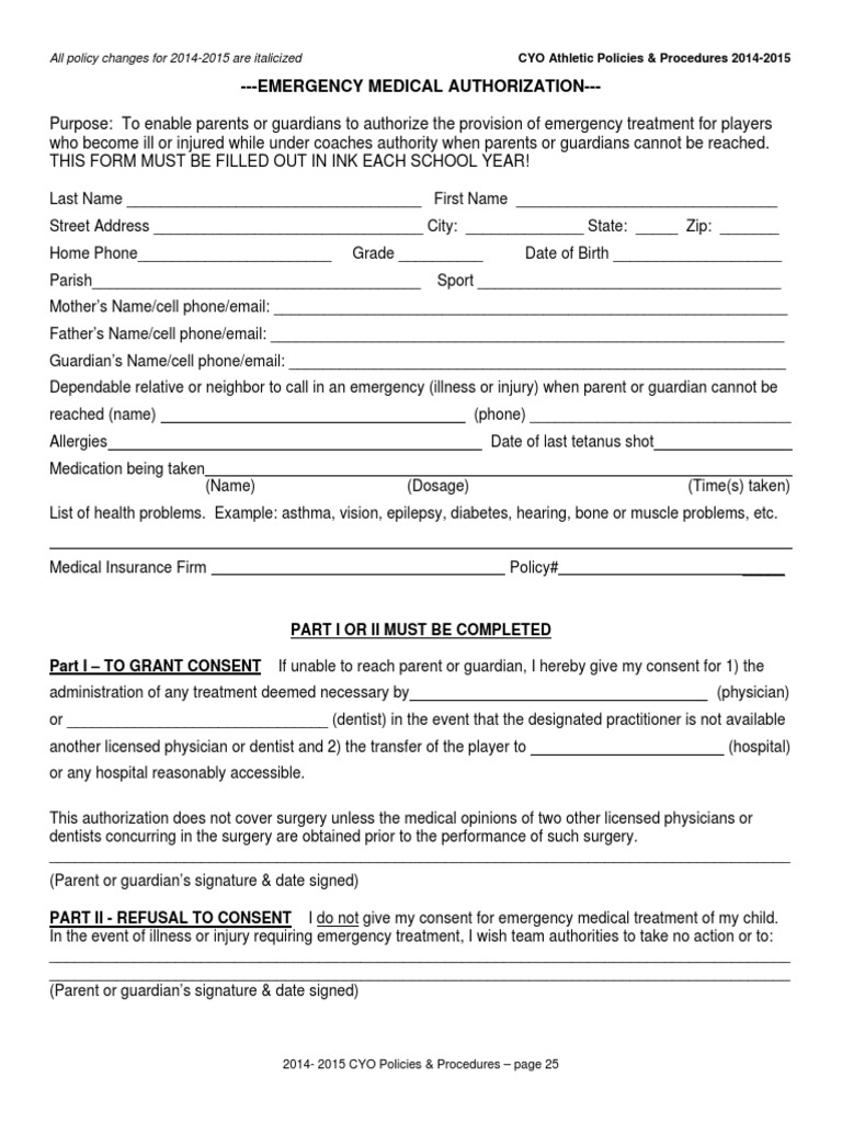 CYO Emergency Medical Authorization Form | PDF