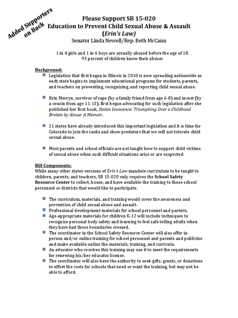 Please Support SB 15 - 020 Education To Prevent Child Sexual Abuse ...