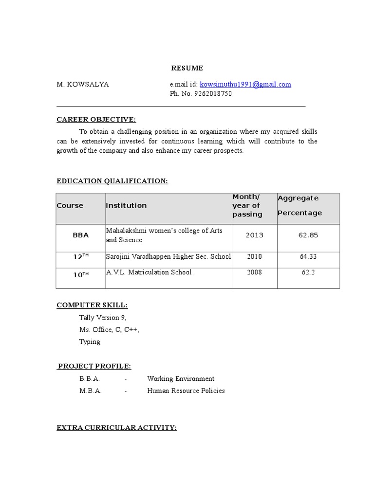 Resume: Course Institution Month/ Year of Passing Aggregate Percentage BBA 12 10 | PDF