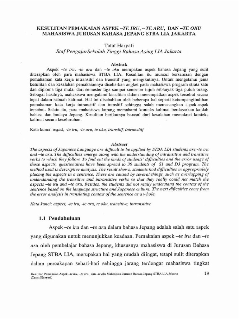 Kesulitan Pemakaian Aspek - Te Iru, - Te Aru, Dan - Te Oku Mahasiswa Bahasa Jepang STBA LIA ...