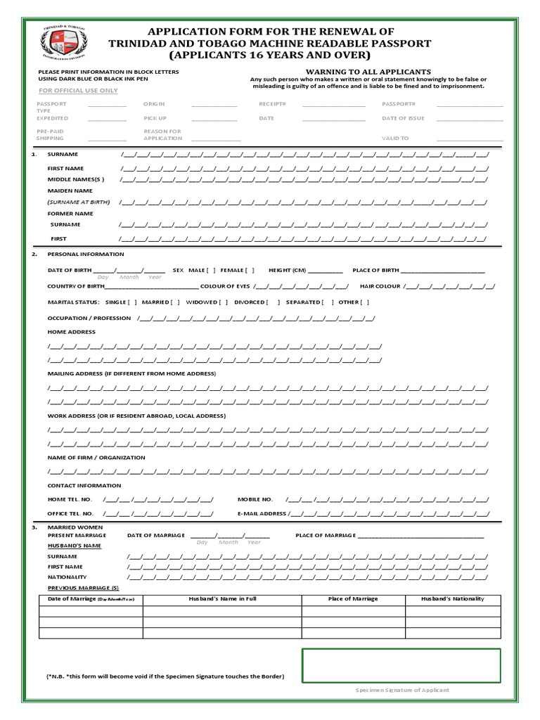 Renewal Application Form For Trinidad and Tobago Passport | PDF | Identity Document | Passport