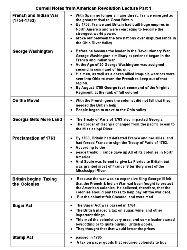 Cornell Notes American Revolution Lecture Part 1 | French And Indian ...
