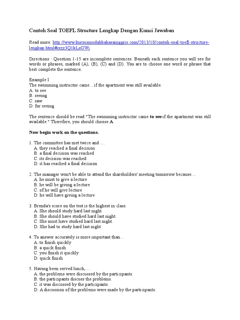 Contoh Soal TOEFL Structure dan Kunci | PDF
