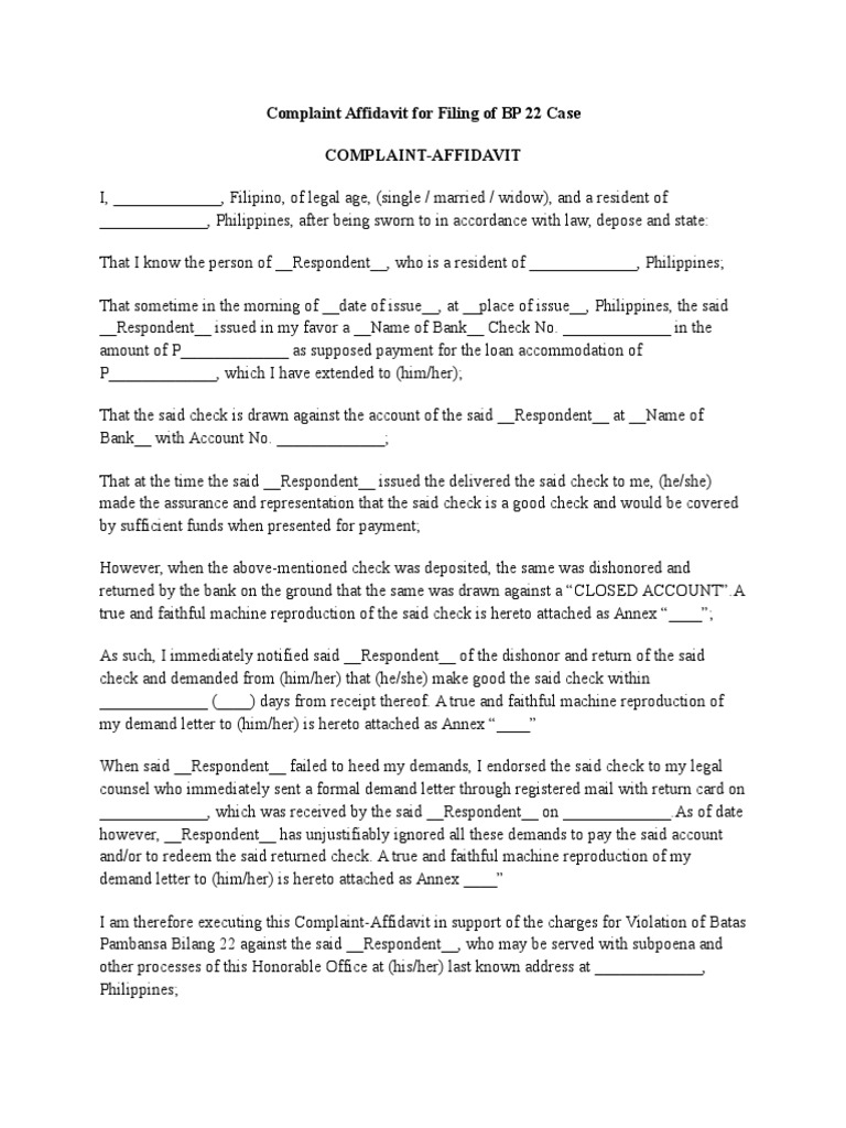 BP 22 Violation Complaint Affidavit | PDF | Cheque | Government