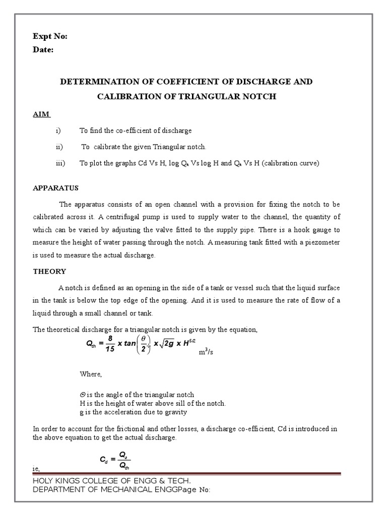 Calibration of Triangular Notch | PDF | Logarithm | Discharge (Hydrology)