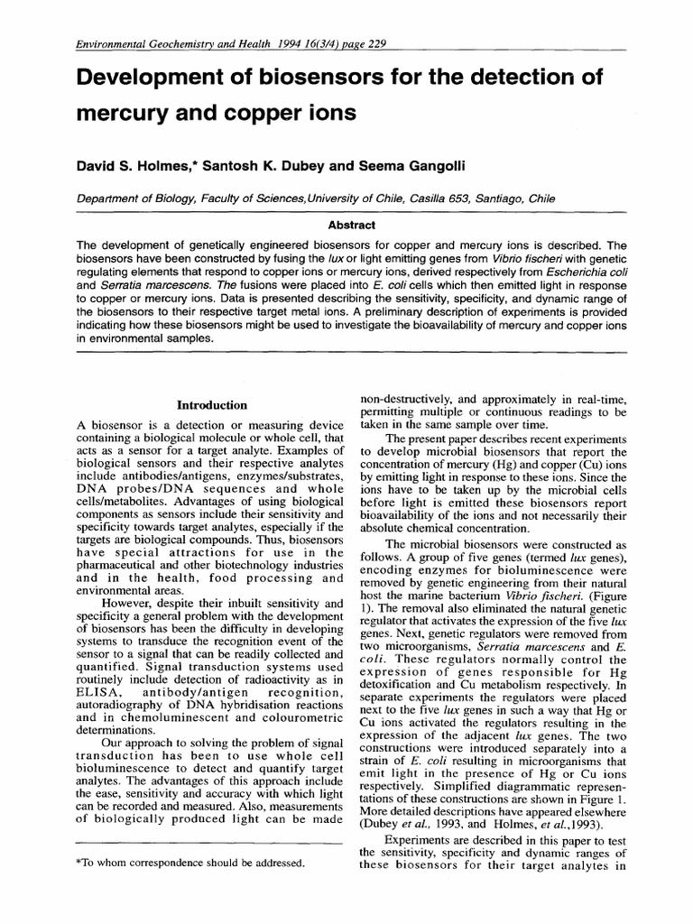 Development of Biosensors For The Detection of Mercury and Copper Ions ...