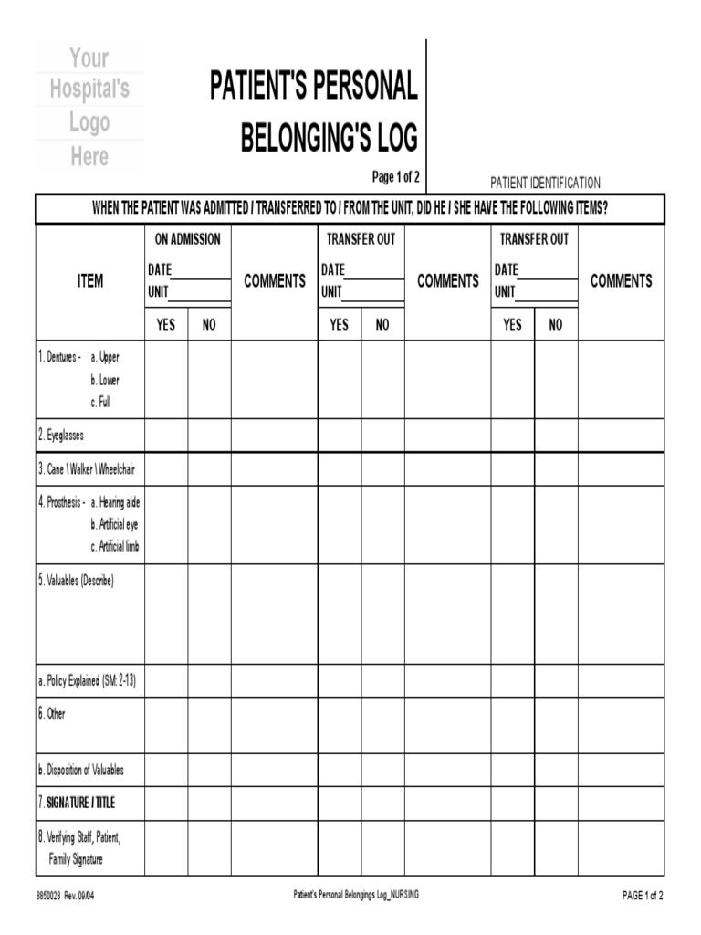 Patient Personal Belongings Log | PDF | Science & Mathematics