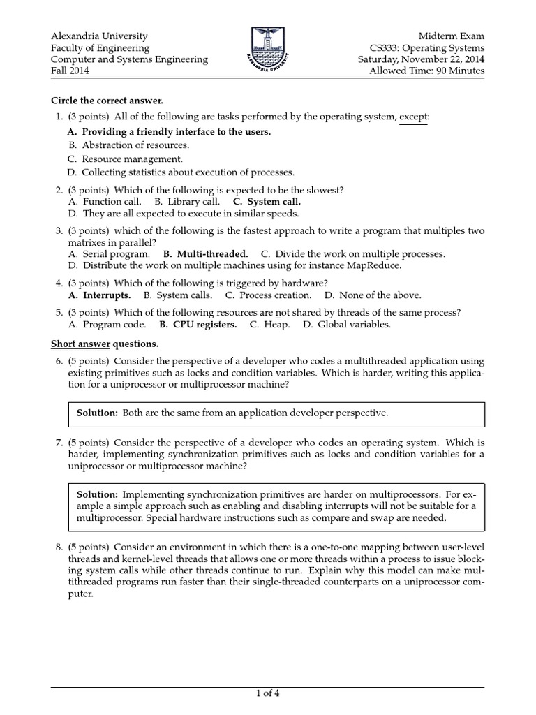 OS Midterm Solution | Download Free PDF | Thread (Computing) | Computing Infrastructure