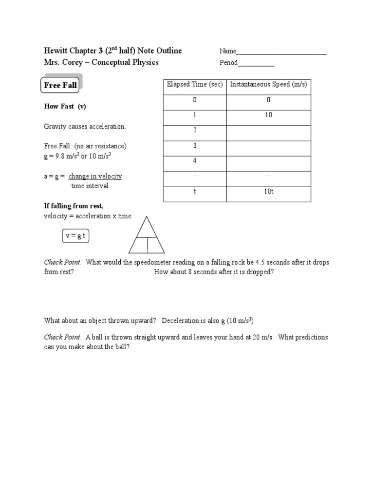 Hewitt Chapter 3 Free Fall Note Outline | PDF | Speed | Acceleration
