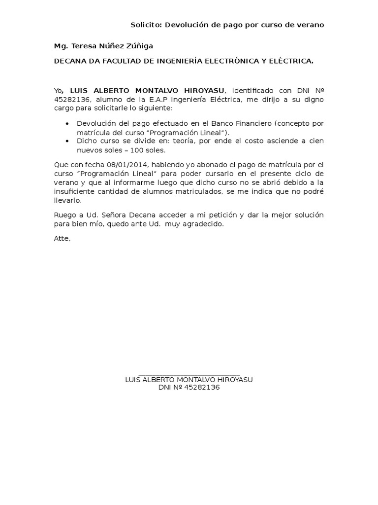 Solicitud de Devolucion de Dinero | PDF