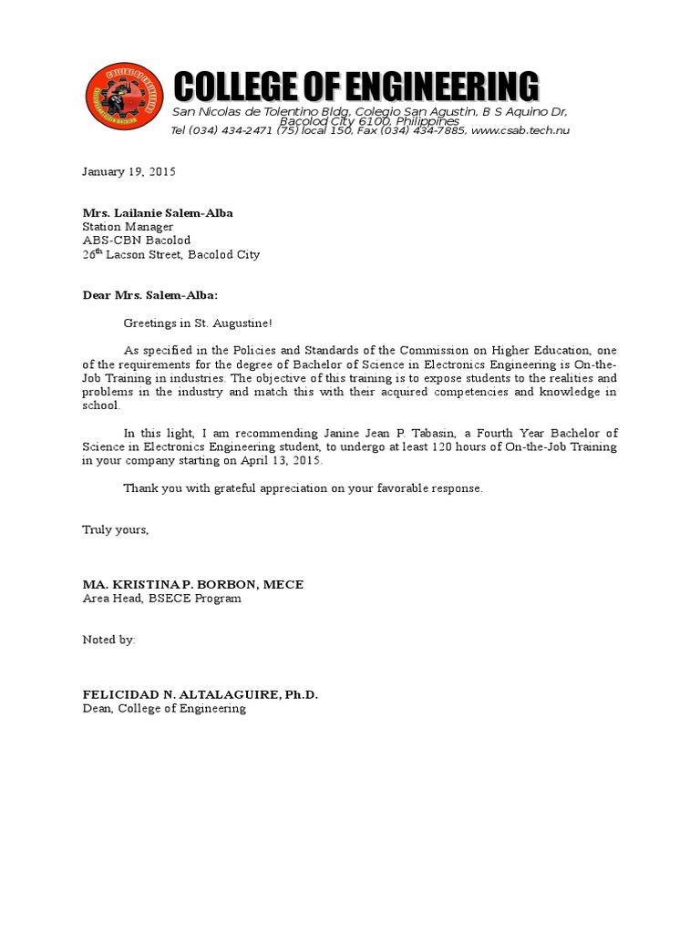 Recommendation Letter Ojt Revised | Doctor Of Philosophy | Master Of Arts