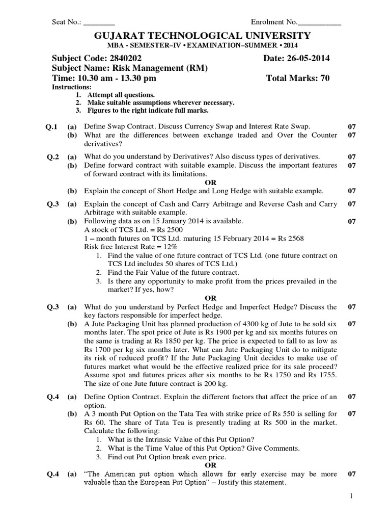 RM Question Paper-May 2014 | PDF | Option (Finance) | Futures Contract