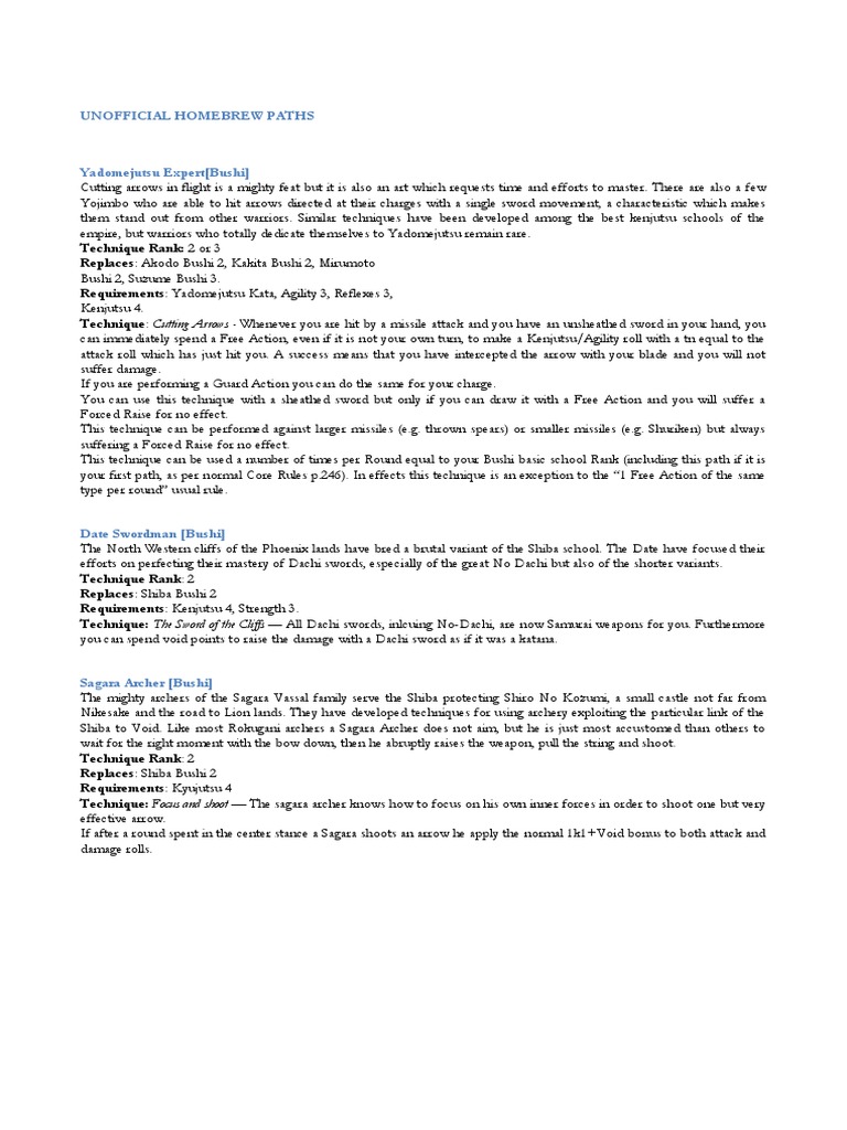 Unofficial Homebrew Paths for L5R 4E | PDF | Archery | Samurai