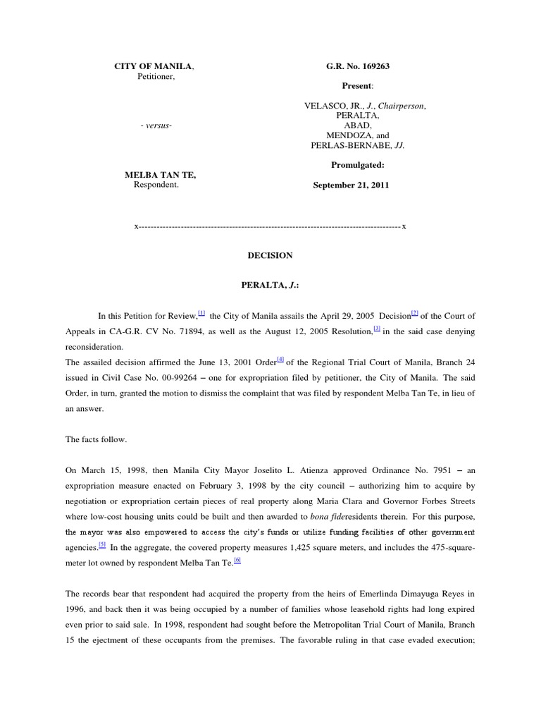 Manila Expropriation Case Decision | PDF | Eminent Domain | Complaint