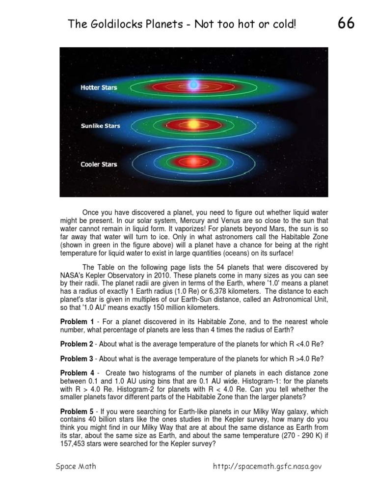 The Goldilocks Planets - Not Too Hot or Cold!: Space Math | PDF ...