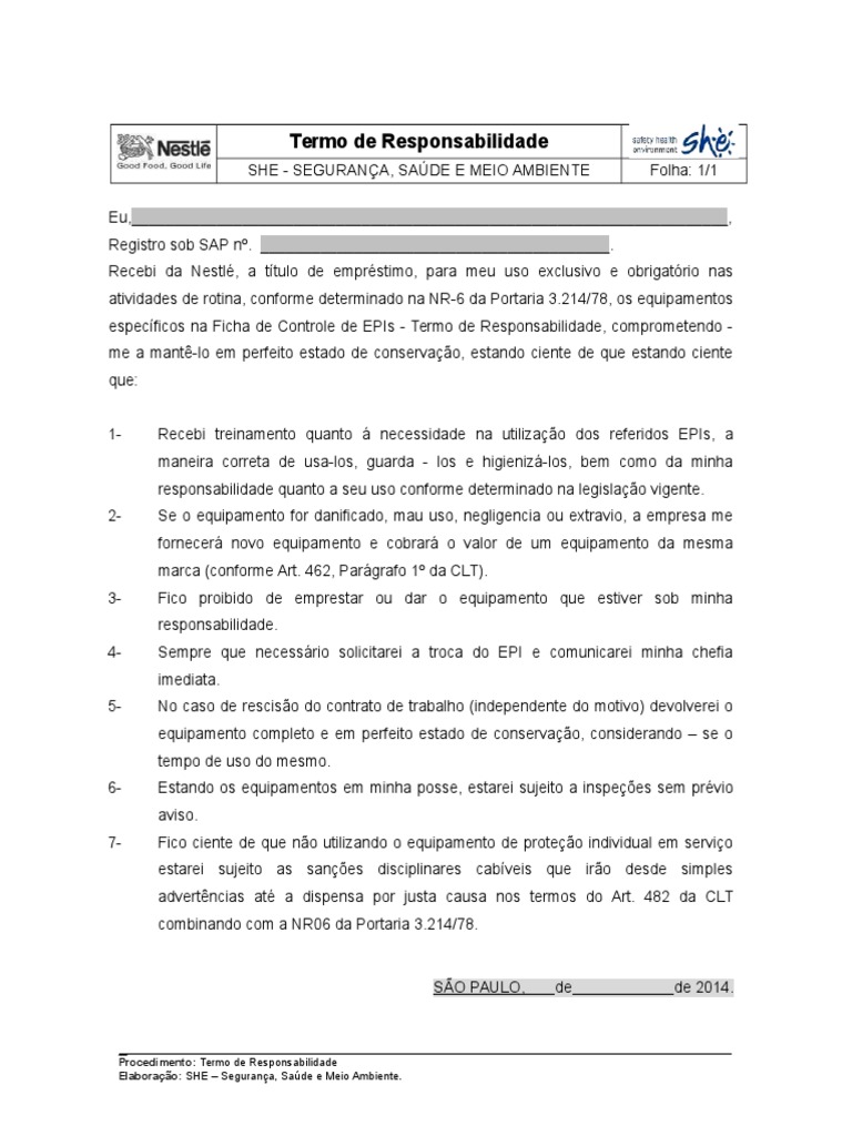 Termo de Responsabilidade - EPI | PDF | Business