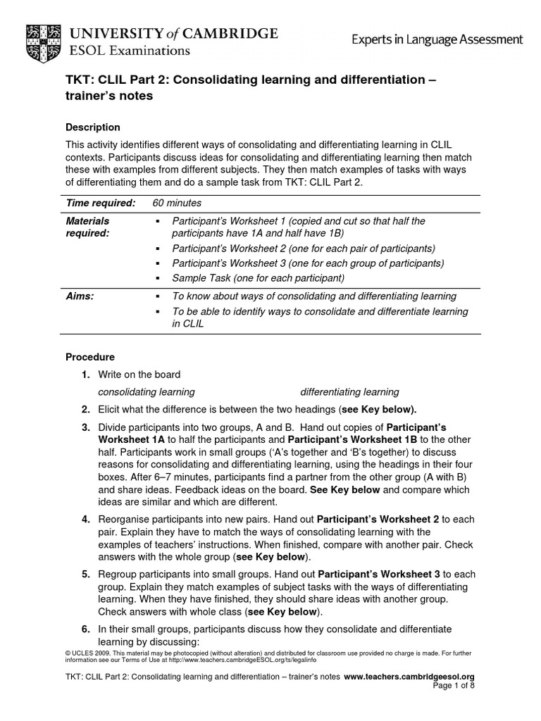 TKT Clil Part 2 Consolidating and Differentiating PDF | PDF | Worksheet ...