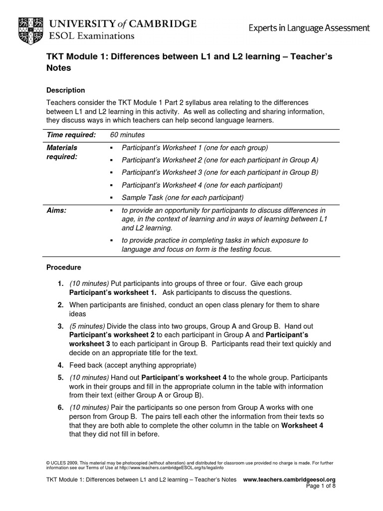 TKT Module 1 Differences Between l1 and l2 Learning PDF | PDF | Second ...