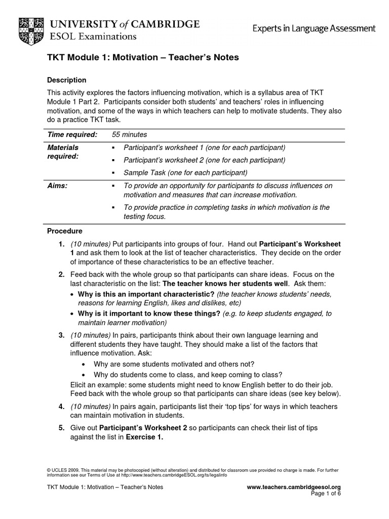 TKT Module 1 Motivation PDF | PDF | Motivation | Motivational