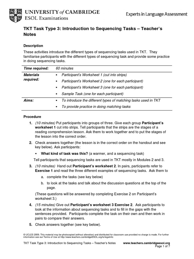 TKT Module 1 Task Type 3 Introduction To Sequencing Tasks PDF | PDF ...