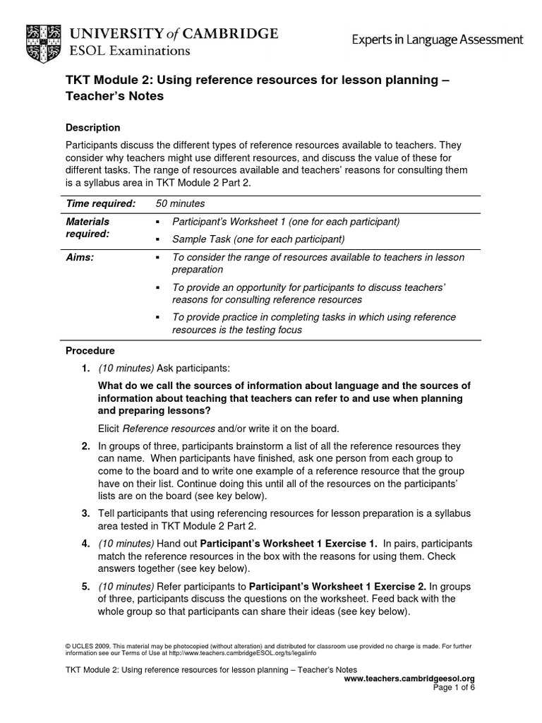 TKT Module 2 Using Reference Resources For Lesson Planning PDF | PDF | Dictionary | Second Language