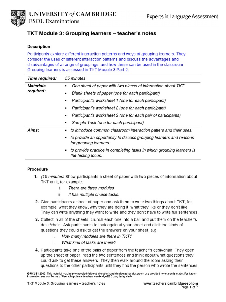 TKT Module 3 Grouping Learners PDF | PDF | Classroom Management | Classroom