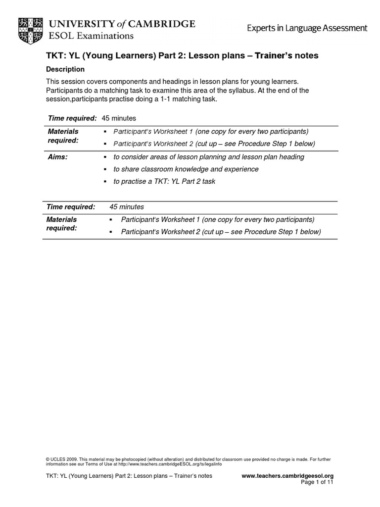 TKT Yl Young Learners Part 2 Lesson Plans PDF | PDF | Lesson Plan ...