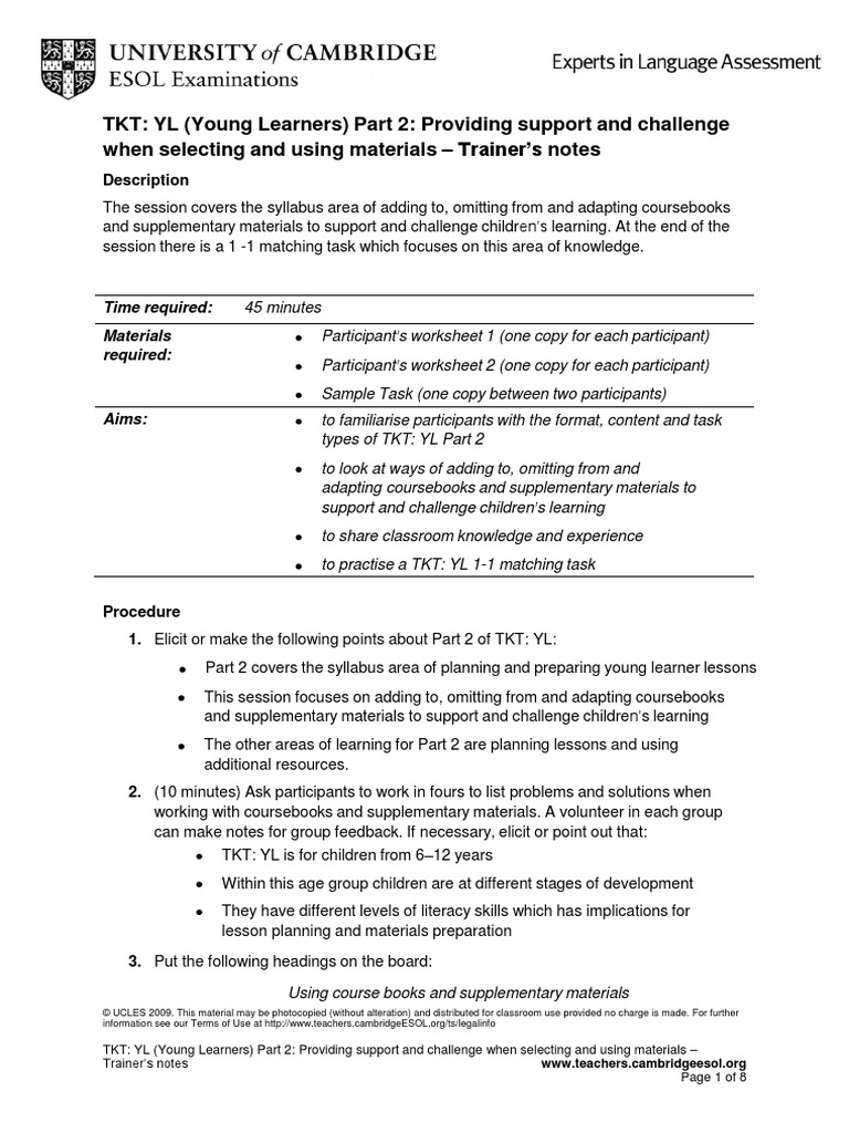 TKT Yl Young Learners Part 2 Providing Support and Challenge When ...
