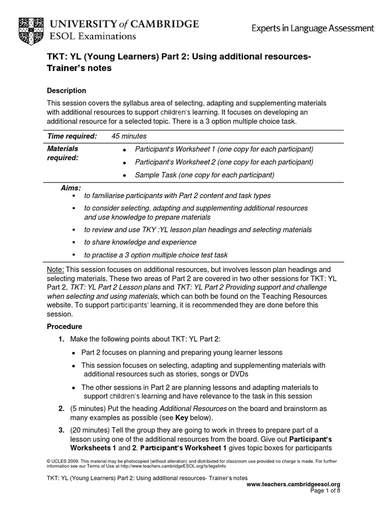 TKT Yl Young Learners Part 2 Using Additional Resources PDF | PDF ...